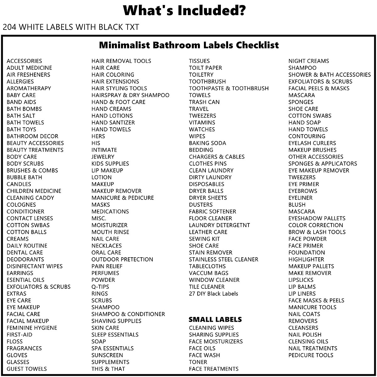 Onyehn 204pcs Waterproof Minimalist Style Bathroom Labels for Organizing Bathroom Storage Bins Containers and Jars to Stick for Glass or Plastic Spray Bottle and Metal