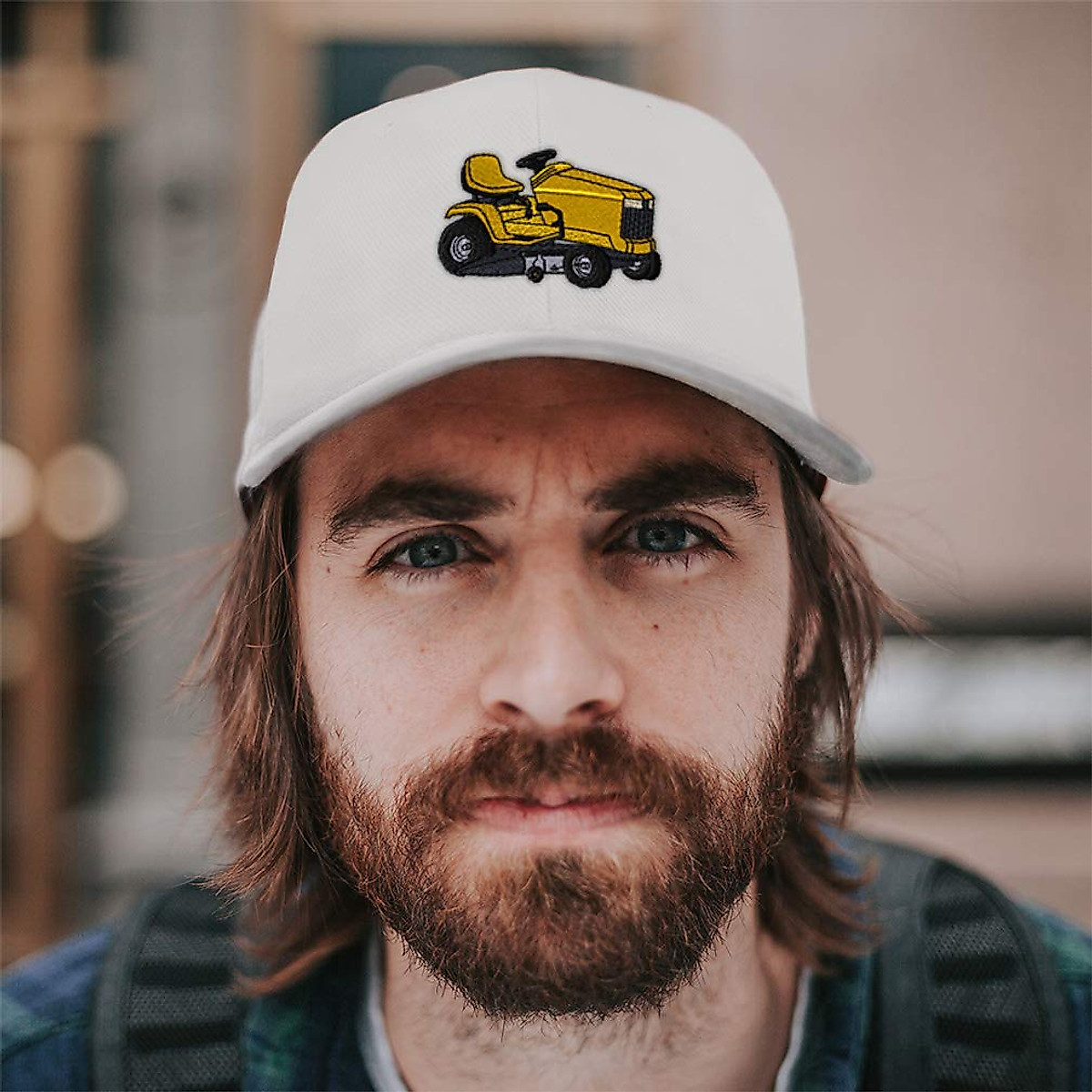 Custom Baseball Cap Riding Lawn Mower B Embroidery Trucks Acrylic Dad Hats for Men & Women Yellow Design Only