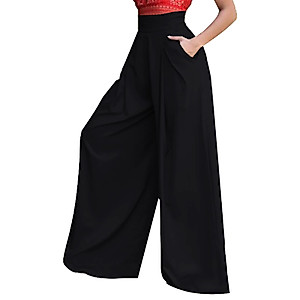 MHGFELKY Women's Palazzo Long Pants High Waist Wide Leg Stretchy Loose Fit Casual Trousers with Pocket Black