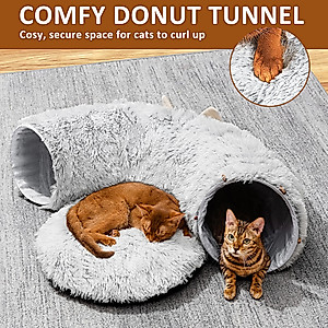 Cat Tunnel with Cat Bed for Indoor Cats, Soft Plush Peekaboo Cat Cave Donut Tunnel, Multifunctional Cat Playground Toys Hideplace for Small Medium Large Cats, Kittens, Rabbit, Ferret (Grey)