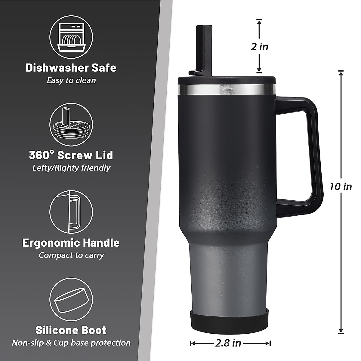 Travel Cups with Lid and Flip Straw - 40 oz Tumbler with Handle, Cold-34H & Hot-10H Insulated Coffee Mug, Metal Hydro Thermal Jug, Spill Proof Water Bottle Fits in Car Cup Holder