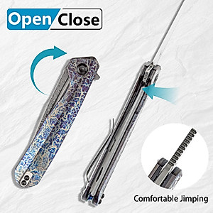 KANSEPT Qilin Pocket Folding Knives for Men EDC Camping Knife 3.24'' Damascus Blade with Titanium with Lightning Strike Finish Handle K1047A3