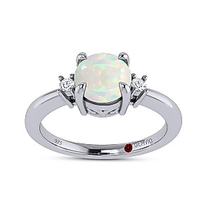 GEMVIO Collection Round Cut 6MM Natural White Opal Gemstone & Diamond Accent Solitaire Rings in 14K White Gold Over Sterling Silver Engagement Anniversary Promise Ring For Womens (0.70Cttw) Size-7.5