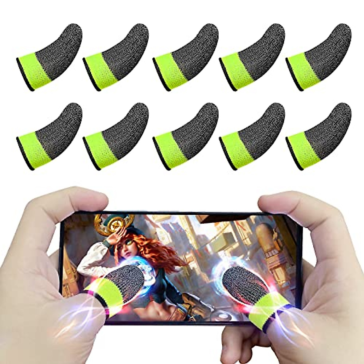 10 PCS Gaming Finger Sleeve, Mobile Controller Thumb, Highly Conductive 100% Silver Thread, Anti-Sweat Breathable Protect Finger Touchscreen Finger Sleeve for Mobile Phone Games (Fluorescent Green)