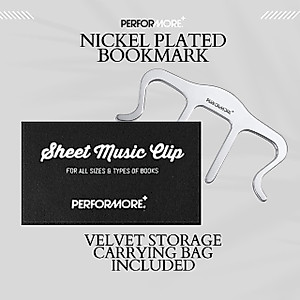 Performore Metal Sheet Music Book Clip and Page Holder for Sheet Music Stand, Piano, Book, Keyboard, Musician, Nickel Plated Bookmark with Velvet Storage Carrying Bag Included (1 Pack)
