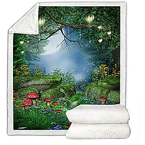 Manerly Sherpa Throw Blankets for Sofa Bed Couch, Magic Fairy Tale Forest wiht Mushrooms and Lanterns Printed Blanket, Soft Cozy Plush Fleece Blankets for Kids Adults Gift, 50"x60"