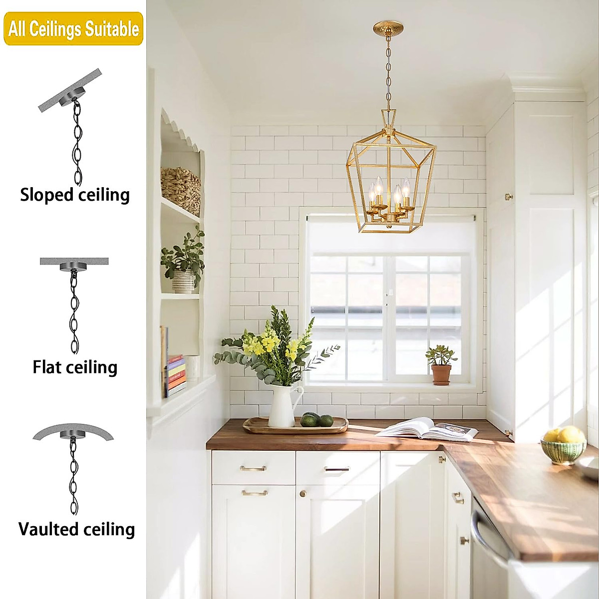 Untrammelife 4-Light Aged Gold Lantern Pendant Light, Adjustable Height Metal Geometric Light Fixture 12’’ Classic Cage Lantern Chandelier for Kitchen Island Hallway, Hand-Pasted Gold Foil Finish