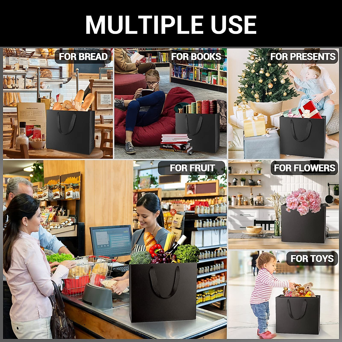 EUSOAR Gift Wrap Bags Bulk, 30pcs Black Heavy Duty Reusable Craft Handle Kraft Bags with 3 sizes, Recyclable Shopping Bags for Boutique, Grocery, Retail, Business, Party Favor, Birthdays