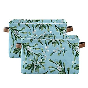 Mistletoe Branches Berries Storage Basket Bins Foldable Decorative Storage Box Laundry Hamper Baskte Storage for Bedroom Office Clothes Pet Nursery Living Room,2 pcs