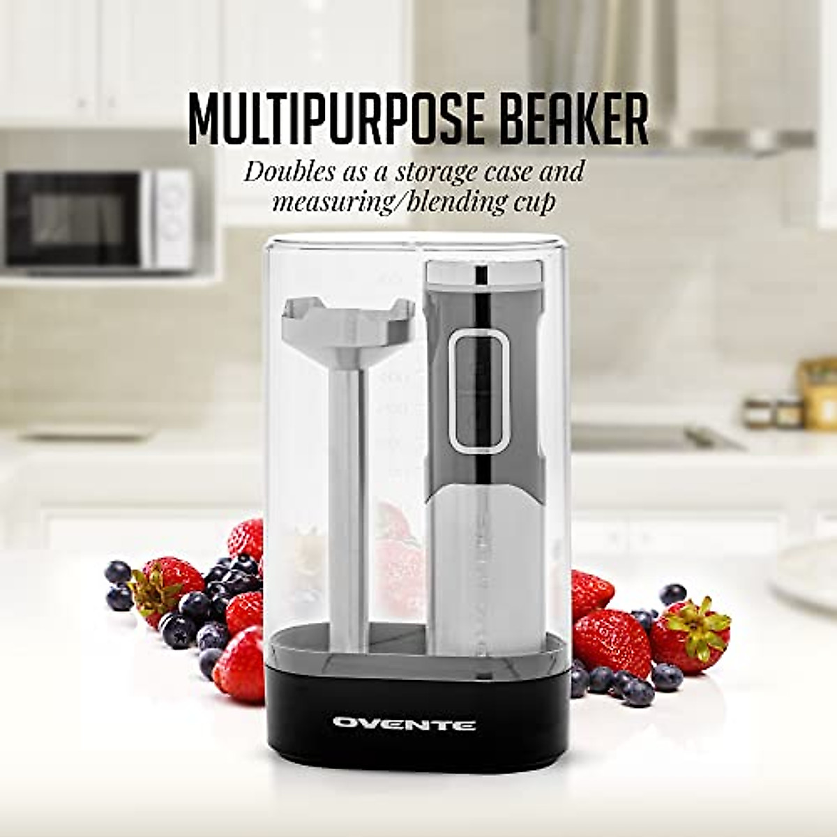 OVENTE Electric Cordless Immersion Hand Blender 200 Watt 8-Mixing Speed with Stainless Steel Blades, Heavy-Duty Portable & Rechargeable Perfect for Smoothies, Puree Baby Food & Soup, Black HR981B