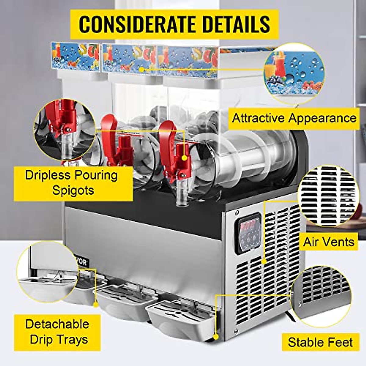 Happybuy 110V Commercial Slushy Machine 15L x 3 Tank Frozen Drink Machine 1800W Commercial Margarita Machine Stainless Steel Suitable for Supermarkets Cafes Restaurants Snack Bar