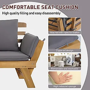 PayLessHere Outdoor Couch Patio Couch Daybed with Adjustable Armrest, Wooden Loveseat with Cushion and Pillow, and Expandable Plate