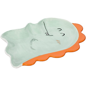 MyGift Fun Adorable Dinosaur Shaped Ceramic Plate, Cute Turquoise Cartoon Stegosaurus with Orange Spine, Small Serving Happy Dino Platter Snack Tray