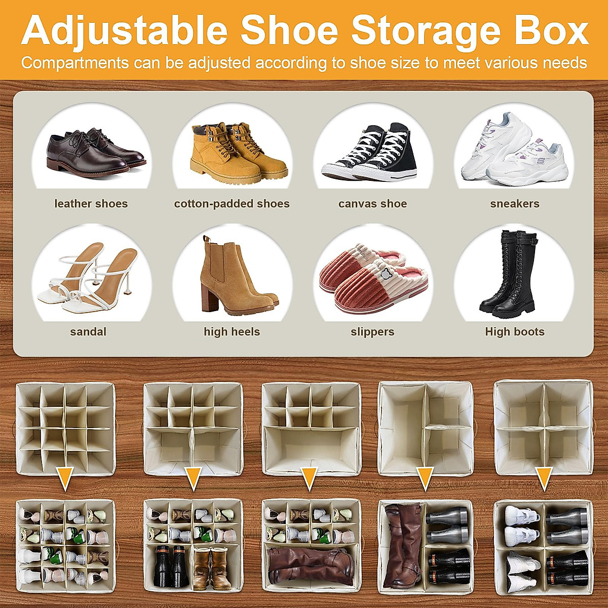 2 Pack Large Shoe Organizer for Closet, Adjustable Dividers Shoe Storage Bins Boxes, Foldable Shoe Holder Cube Containers with Clear Cover for Men’s shoes, High heel,Sneaker,Slippers,Boots(Beige).