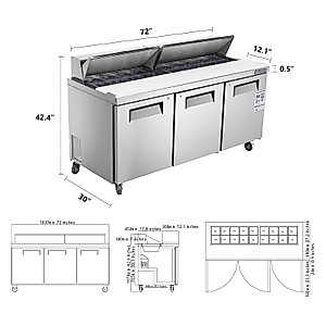 JINSONG 72" Refrigerator Sandwich & Salad Prep Table, Stainless Steel Refrigerated Food Prep Station, 20 cu. ft with Cutting Board and 18 Pans for Restaurants, Bar, Shops, etc