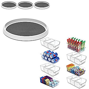 [ 4 Pack ] 12 Inch Non-Skid Turntable Lazy Susan Organizers + Set of 8, Stackable Clear Bins with Removable Dividers - Pantry Food Snack Organization and Storage - Multi-Purpose Plastic Home Organizer