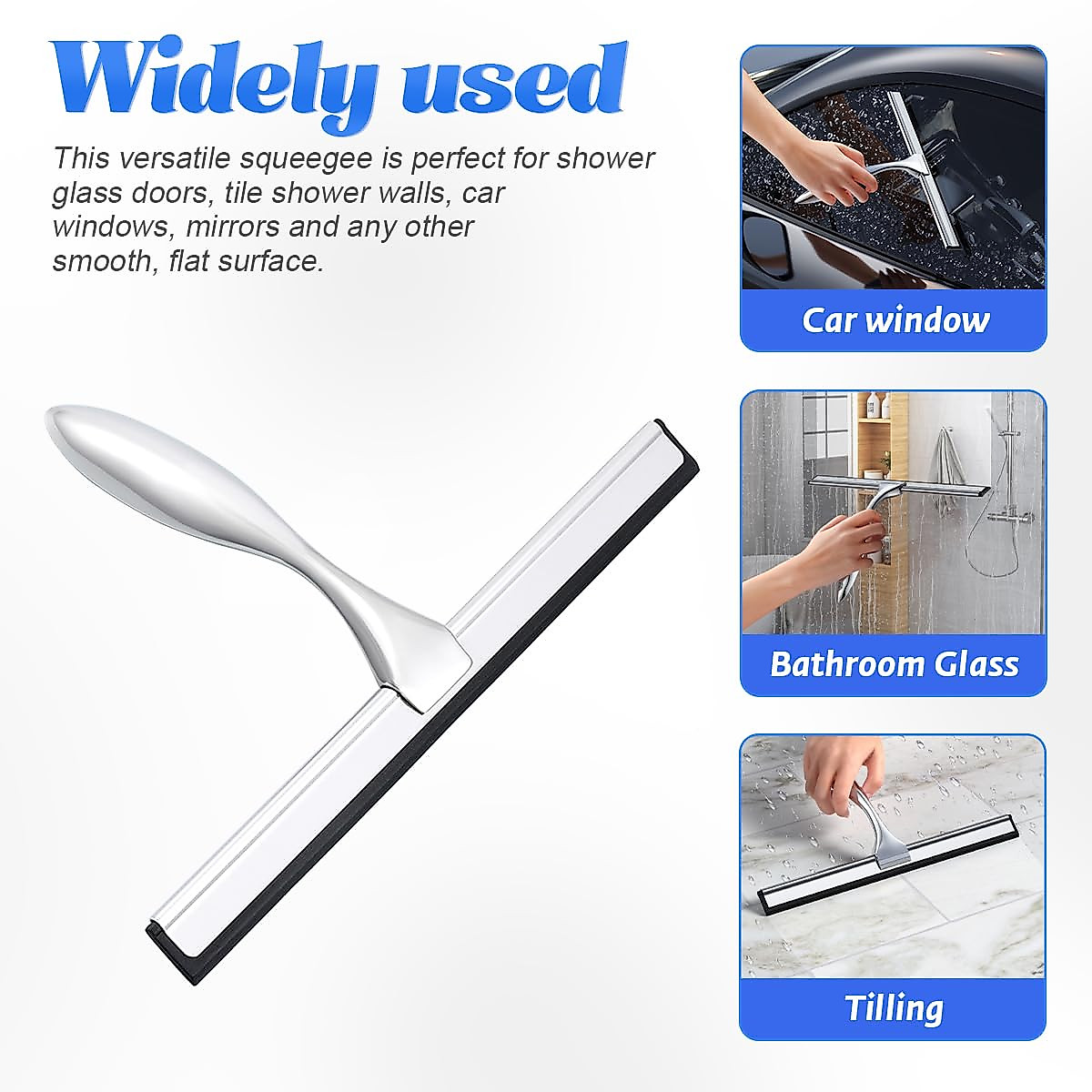 BESULEN Stainless Steel Shower Squeegee for Car Windows, Glass Water Wiper with Hook or Sucker, Glass Window Cleaner Tool, Bathroom Shower Door Household Mirror Blade for Home Cleaning (Wiper+Hook)