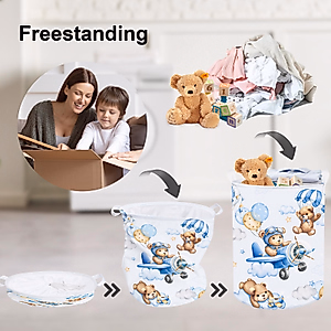 Clastyle 45L Large Blue Bear Pilot Kid Boy Girl Laundry Hamper with Handle Collapsible Balloon Clothes Toy Storage Basket with Lid for Nursery