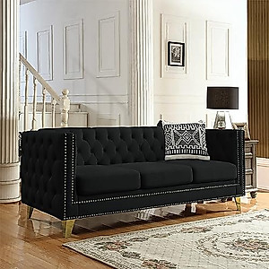 80" Couches for Living Room, Modern Button Tufted Velvet Upholstered Sofa Couch with Square Armrests Inlaid with Gold Nail Heads and 4 Golden Metal Legs for Office, Living Room, Apartment, Black