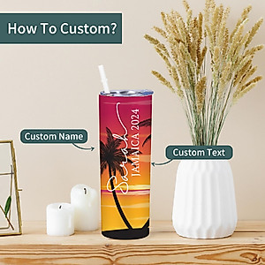 Personalized Family Vacation Tumblers With Name, Custom Palm Tree Beach Skinny Coffee Tumbler, Girls Trip Cups With Lid And Straw, Customized Group Destination Vacation Matching Cup