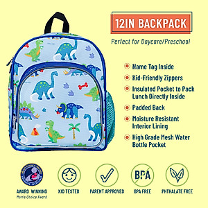 Wildkin Kids Lunch Box, 12 Inch Backpack, 16 Oz Tritan Water Bottle, and Ice Pack Bundle for a Convenient, Refreshing, and Fulfilling Meal All Around (Dinosaur Land)