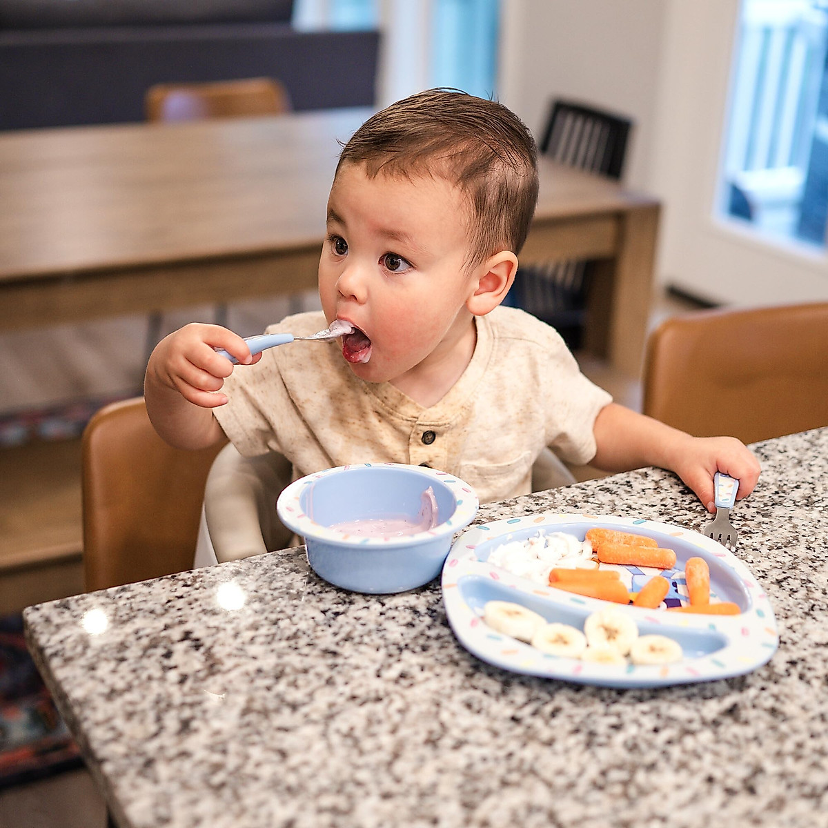 The First Years Bluey 4-Piece Place Setting - BPA Free Dishwasher Safe Toddler Dinnerware Set with Divided Plate, Bowl, Fork, Spoon - Multicolor