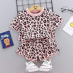 Toddler Baby Girls Leopard Print Summer Clothes Set T-Shirt and Short Pants 2pcs Outfits (1-Pink, 2T)