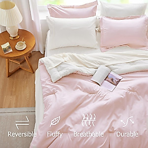 Kozyhvn Twin Bedding Sets for Girls, Pink and White Comforter Bedding Set Reversible, 5 Pieces Soft Bed in a Bag Twin XL with Comforter, Sheets, Pillowcase & Sham, All Seasons Boho Twin XL Bed Set