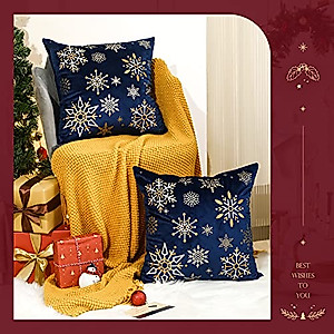 Lewondr Christmas Throw Pillow Covers, Snowflake Embroidery Hot Stamping Pattern Pillowcases Home Xmas Decorative Cushion Covers Soft for Sofa Bed Chair, 2 Pack, Navy Blue