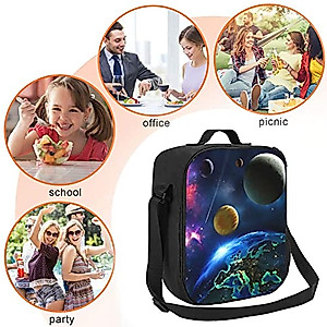 Kids Lunch Box, Insulated Lunch Bag for Girls & Boys, Space Galaxy Planet Lunch Bag with Shoulder Strap, School Bento Lunchbox for Kids Toddlers Teens, Black Reusable Cooler Thermal Meal Tote Kit