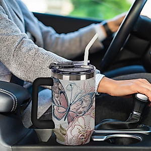 YTLKGFP 40 Oz Large Capacity Car Cup Beautiful Butterfly Pattern Tumbler with Handle (Black) Straw Lid Insulated Stainless Steel Water Bottle Travel Mug Leak-proof Car Cup Keeps Cold Or Hot
