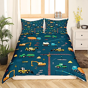 Boys Cartoon Cars Bedding Set for Girls Kids Construction Vehicles Comforter Cover Decorative Heavy Machinery Truck Duvet Cover Construction Site Bed Set Queen Size 3Pcs Bedclothes (No Comforter)
