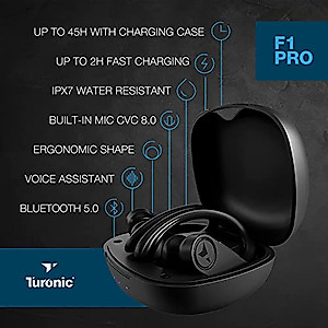 Turonic F1 Pro - True Wireless Earbuds - 45H Playtime, Charging case, Mic, IPX7 Waterproof Bluetooth Headphones w/Microphone - Sport Wireless Earphones with Earhook for Gym, Running, Workout - Black