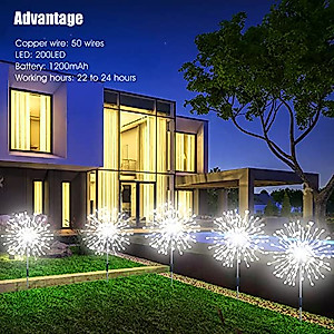 Fireworks Lights USB-C Charge 50 Copper Wire ,4 Pack Solar Garden Lights 200 LED Outdoor WaterproofRemote Control,8 Modes DIY Landscape Lights for Walkway Pathway Backyard Lawn(White)