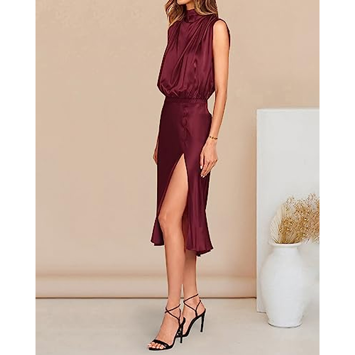 PRETTYGARDEN Women Summer Formal Mock Neck Sleeveless Satin Dress Elastic Waist Slit Midi Wedding Guest Dresses 2023(Solid Deep Red,Small)