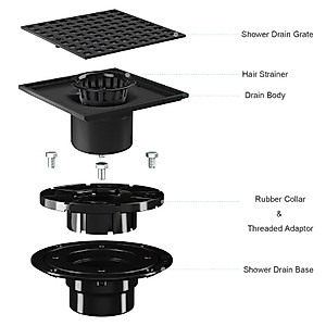 4-1/4" Square Shower Floor Drain with Black Matte Strainer(Checkered