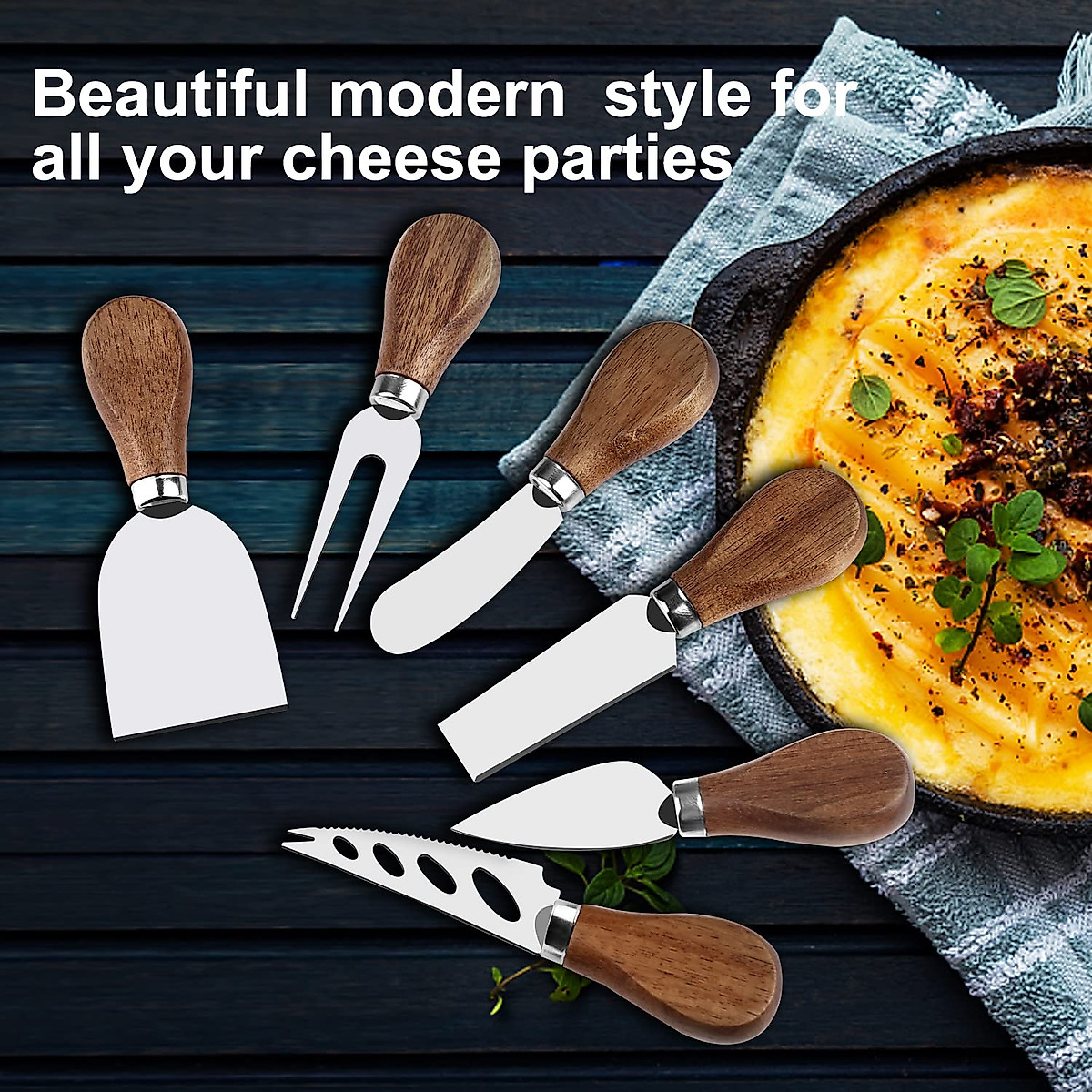 6 Piece Cheese Knives Set with Wooden Handle,Mini Steel Stainless Cheese knife set for Charcuterie and Cheese spread, Perfect for Cheese Slicer and Butter Cutter