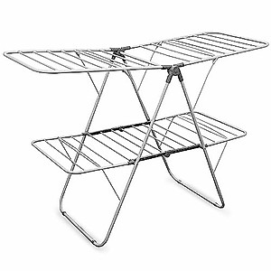Brookstone – Extra Large – Double Spaced - 2 Tier Collapsible Clothes Drying Rack, Indoor/Outdoor Folding Hanging Garment Stand [NO Assembly - Ready Out of The Box]