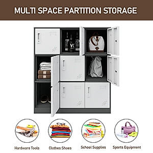 LINGZOE 9 Door Metal Storage Locker Cabinet for Employees，Steel Cabinet to Storage Toys, Shoes and Clothes，Locker Organizer for Gym Office Bedroom (Grey&White)