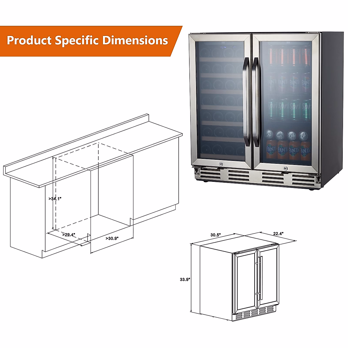 30 inch Wine and Beverage Refrigerator, 33 Bottles & 96 Cans Wine Cooler Refrigerator, Dual Zone Wine Cooler with Glass Door and Lock, Built in or Freestanding Under Counter Wine Fridge