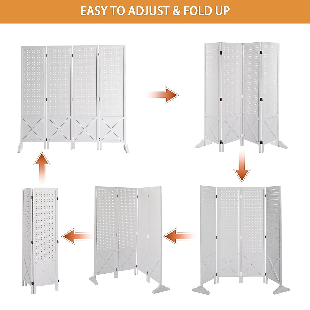 VINGLI Freestanding Pegboard with Support Feet, 5 FT Wood Room Divider Display Board Organizer, Folding Privacy Screen Partition Space Separator for Craft Shows Events Retail (White, 4 Panel)