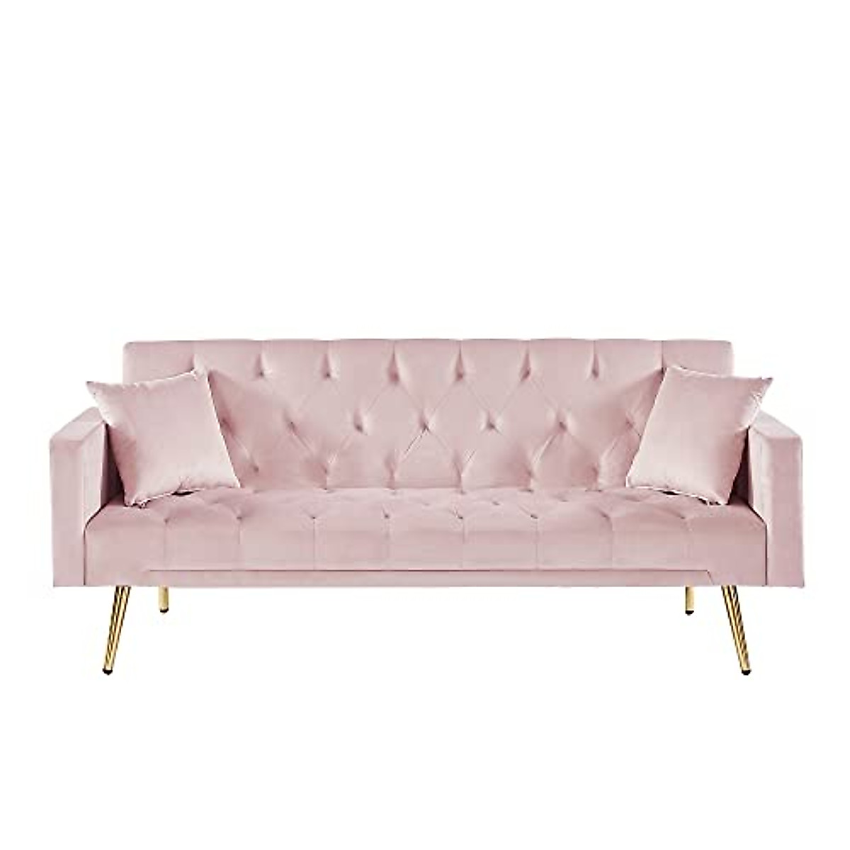 hansones Velvet Futon Sofa Bed,Sleeper Sofa Couch with Two Pillows and Golden Metal Legs for Living Room (Pink)