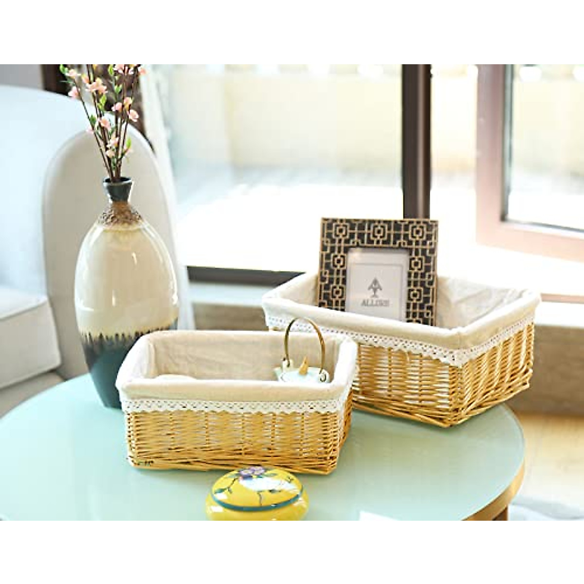 Handmade Wicker Storage Baskets Set, Shelf Baskets Woven Decorative Storage Bins Baskets Organizing Baskets, Nesting Baskets with Linings for Home (Natural)