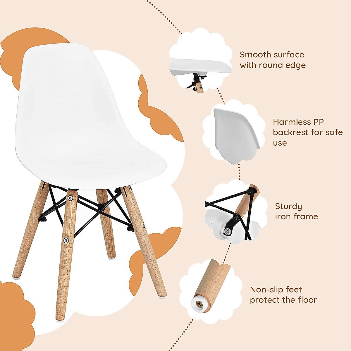 Costzon Kids Chair 4 Pcs, Toddler Chair in Mini DSW Size w/Solid Wood Legs, Wire Steel Base, Curved Backrest, Mid-Century Plastic Study Chair for Children of 3+, Ideal for Nursery, School & Home Use