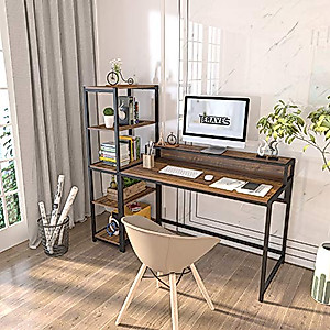 Teraves Computer Desk with 5 Tier Shelves,Reversible Writing Desk with Storage 41 Inch Study Table for Home Office Independent Bookcase and Desk for Multiple Scenes (Desk+Shelves(41in), Teak)