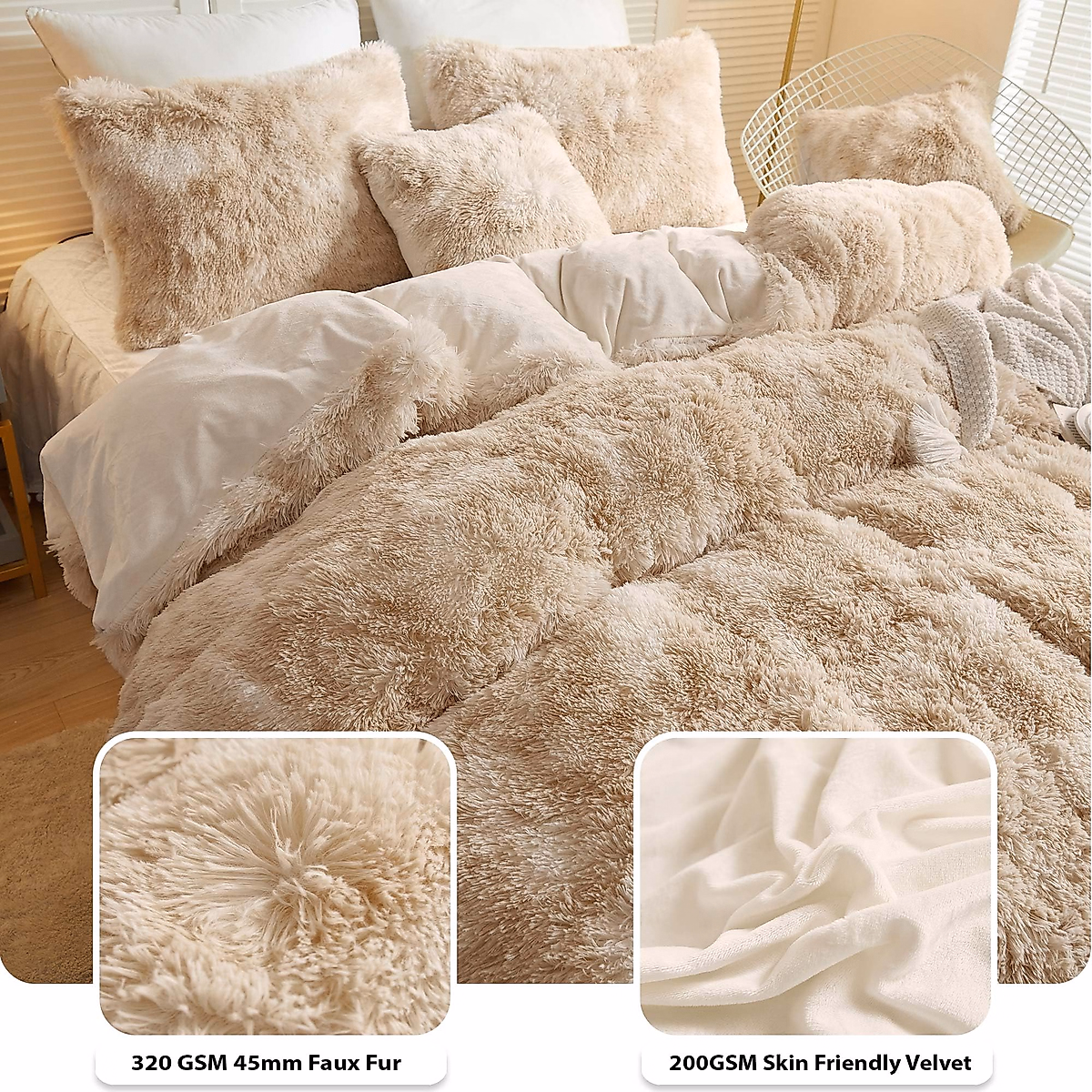 LIFEREVO Luxury Fluffy Faux Fur Duvet Cover Set, Tie Dye Plush Fuzzy Duvet Cover Set(1 Print Shaggy Comforter Cover+2 Furry Pillow Shams)Bedding Set, Zipper Closure(Full/Queen, Off White/Light Beige)