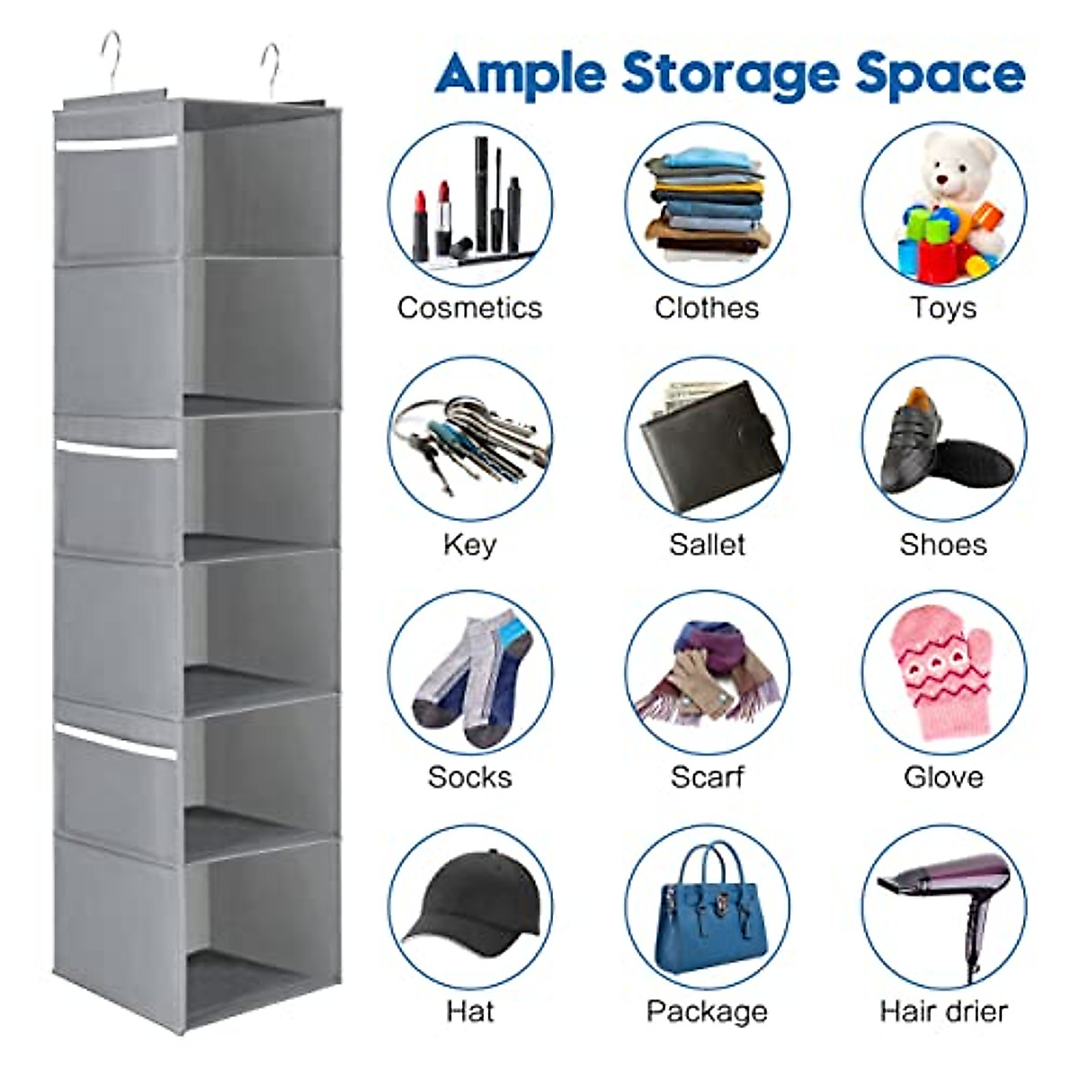 coastal rose 6 Shelf Hanging Closet Organizer with Drawers,Foldable Hanging Closet Organizers and Storage,Closet Hanging Storage Shelves with Pockets,Hanging Clothes Storage Organizer,Grey