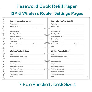 Password Book Refills - A-Z Password Notebook Refill Paper with Alphabetical Tabs, 120gsm White Paper, 7-Hole/Desk Size 4, 5.8" x 8.3"