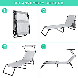 VINGLI Folding Chaise Lounge, Adjustable 4 Position Patio Chair Recliner, Sunbathing Chair for Beach Outdoor Pool Patio Deck (Grey, with Canopy)