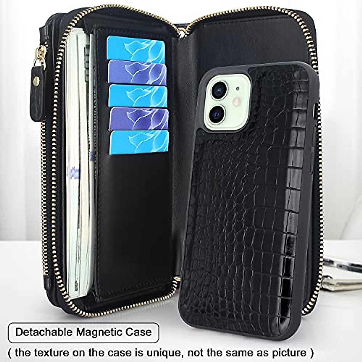 Lacass Dual Zipper Leather Wallet Case Card Slots [Cards Theft Scan Protection] Detachable Magnet Phone Cover Money Pocket Crossbody Chain Lanyard for iPhone 12/12 Pro (Black)